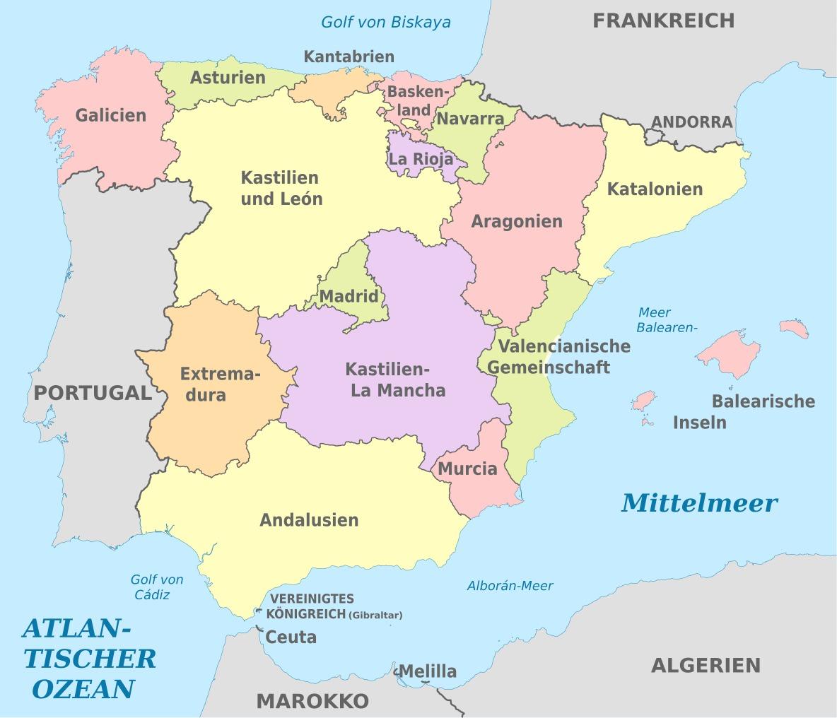 Merket kart over Spania - Kart over Spania merket (Sør-Europa - Europa)